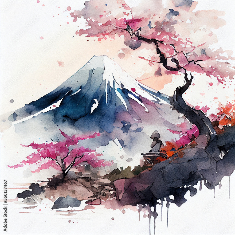 Japan traditional sumi-e painting. Fuji mountain, sakura, sunset. Japan ...