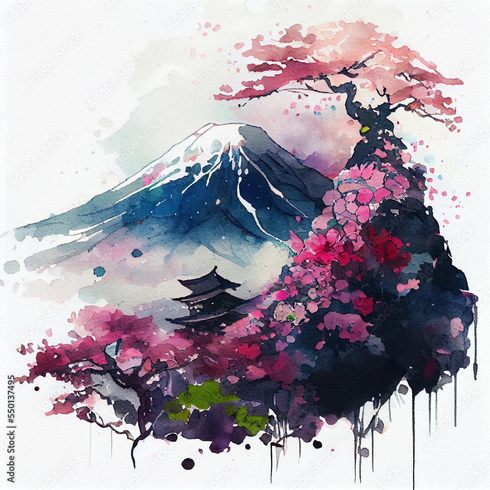 Japan traditional sumi-e painting. Fuji mountain, sakura, sunset. Japan ...