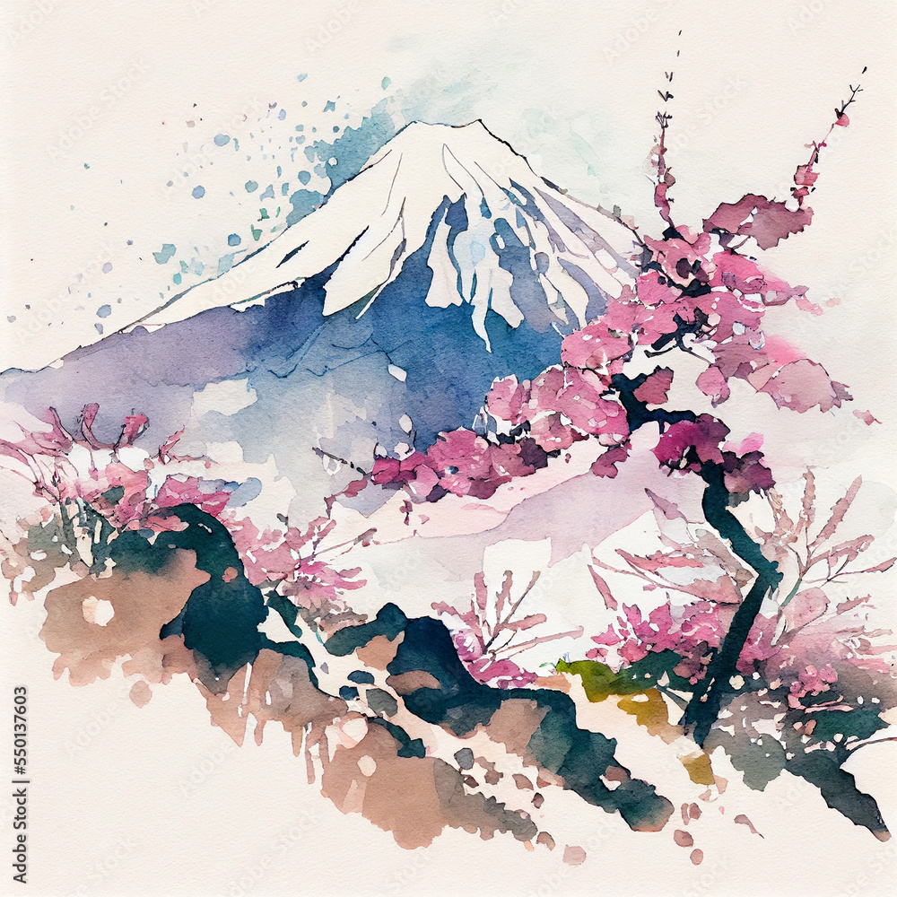 Japan traditional sumi-e painting. Fuji mountain, sakura, sunset. Japan ...