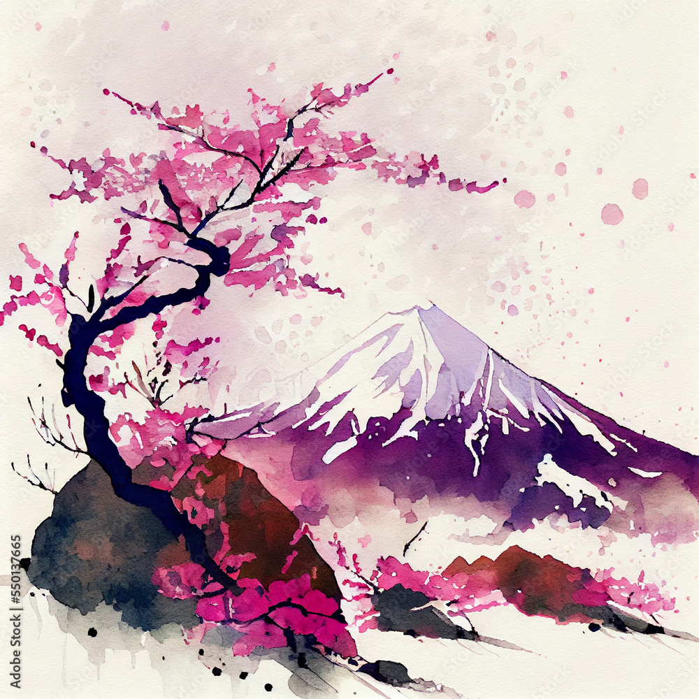 Japan traditional sumi-e painting. Fuji mountain, sakura, sunset. Japan ...