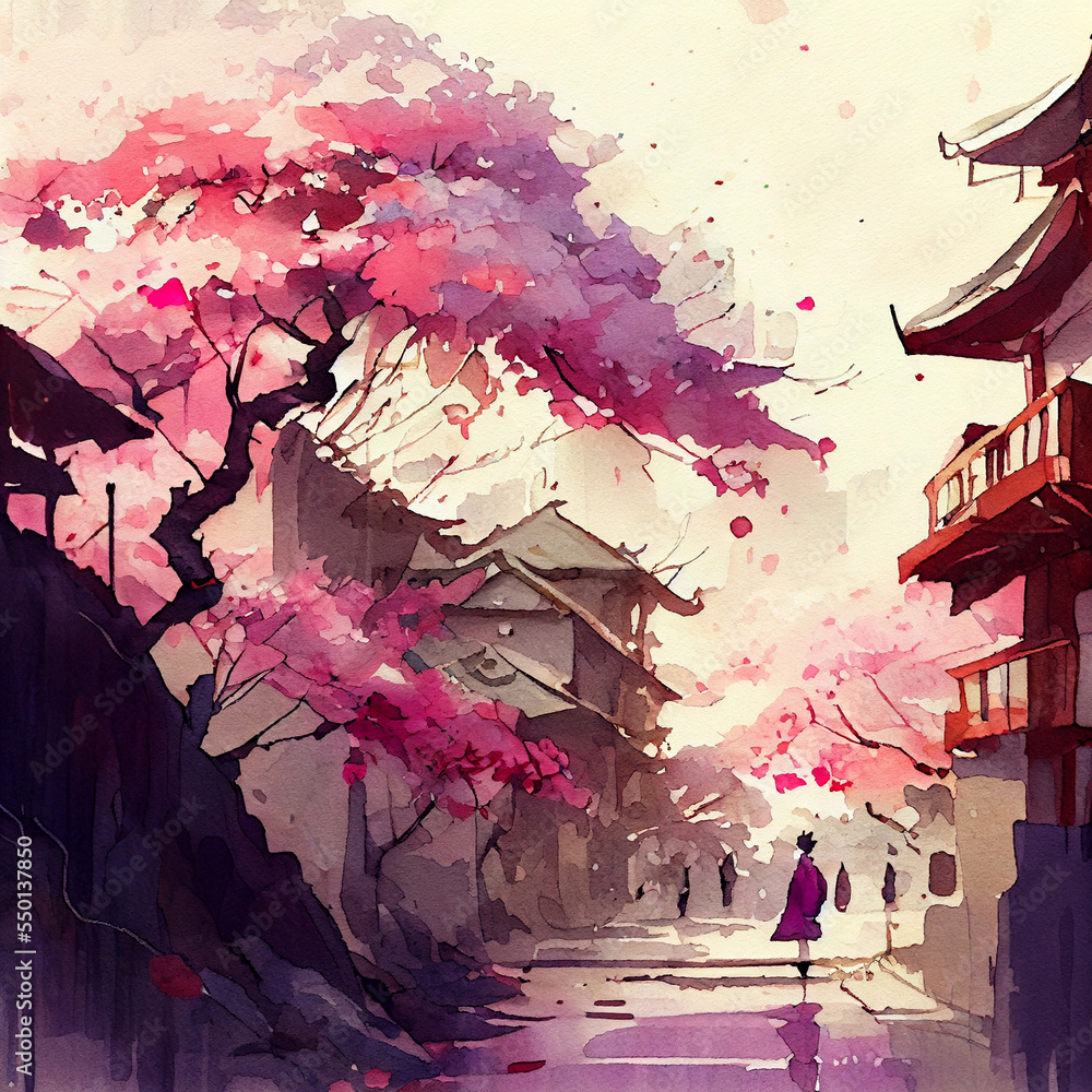 Japan traditional sumi-e painting. Fuji mountain, sakura, sunset. Japan ...
