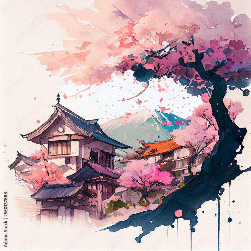 Japan traditional sumi-e painting. Fuji mountain, sakura, sunset. Japan ...
