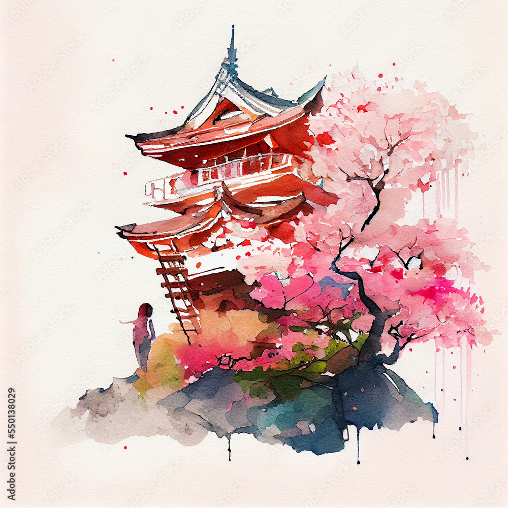 Japan traditional sumi-e painting. Fuji mountain, sakura, sunset. Japan ...