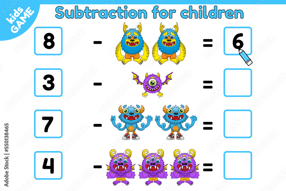 Mathematical game. Subtraction. Educational activity for preschool and ...