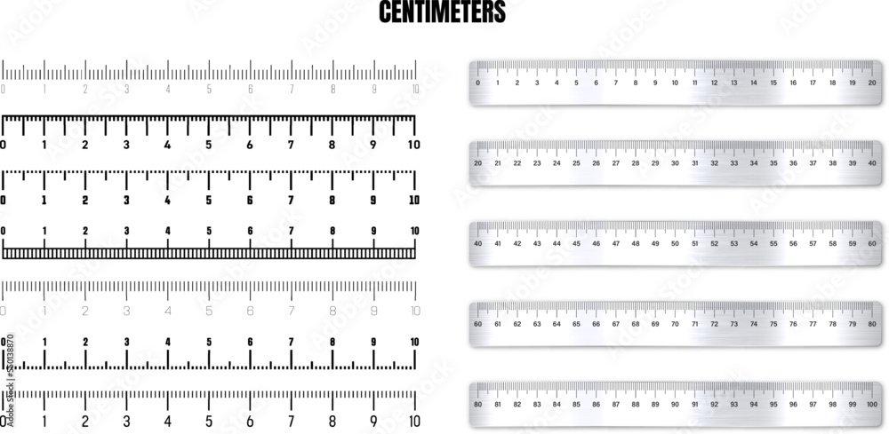 Realistic metal rulers with black centimeter scale for measuring length ...