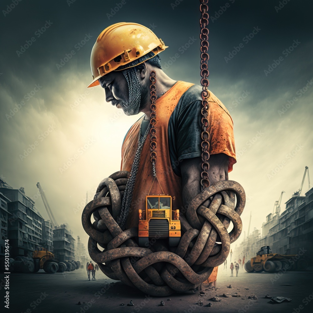Modern slavery of construction worker, violation of human rights, slavery, forced labour, debt ...
