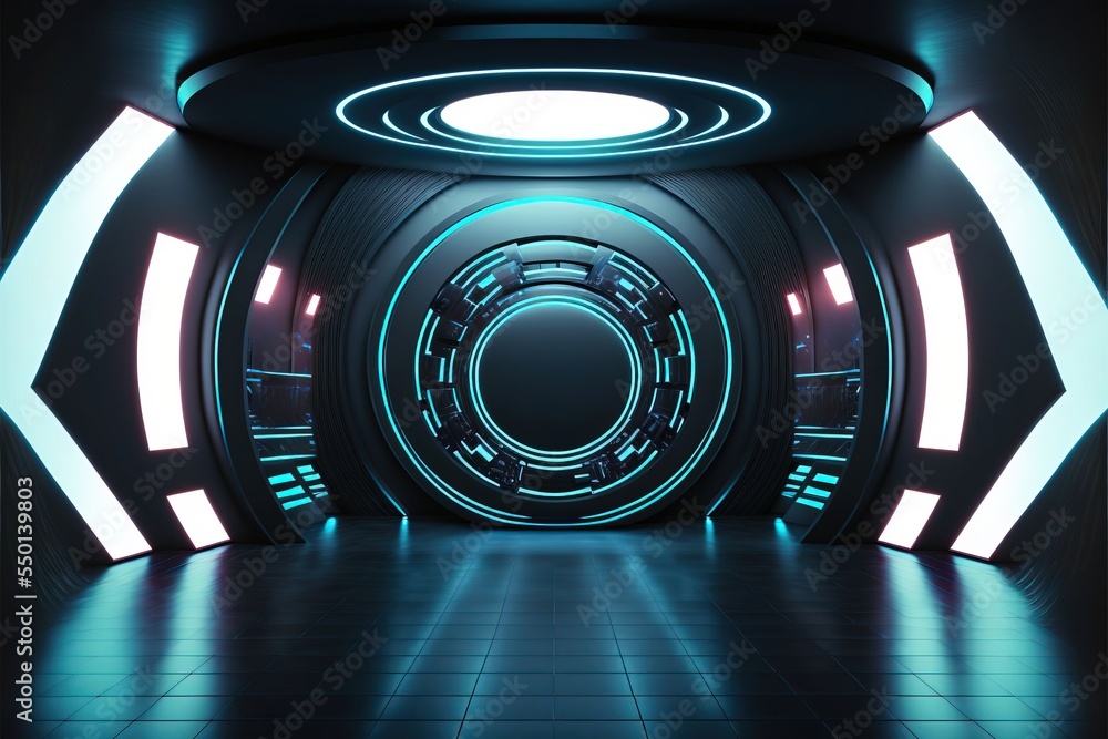 High Resolution Empty Dark Futuristic Sci Fi Big Hall Room With Lights And Circle Shaped Neon ...