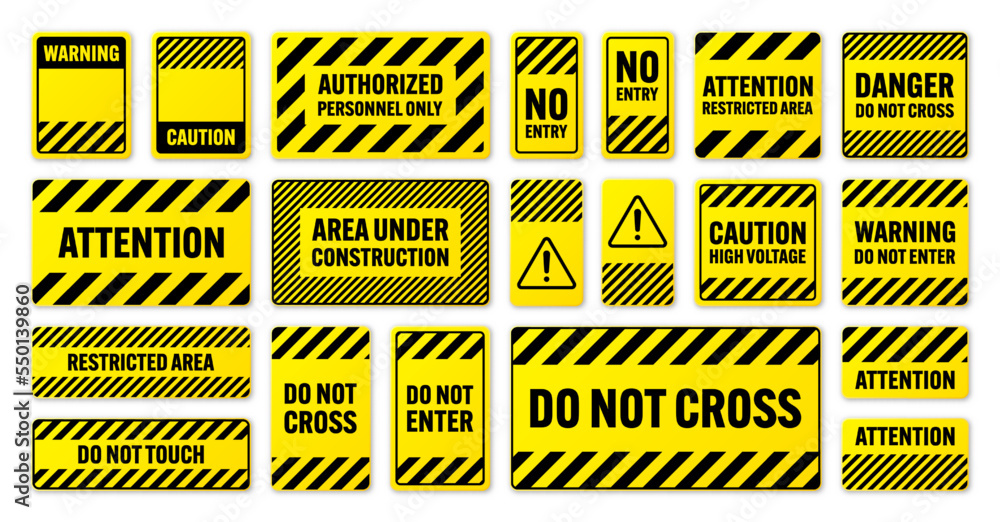 Various black and yellow warning signs with diagonal lines. Attention ...