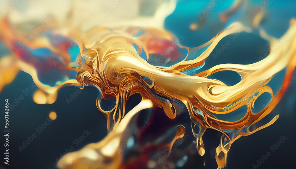 Abstract amber and gold paint splatter background. Fluid shapes ...