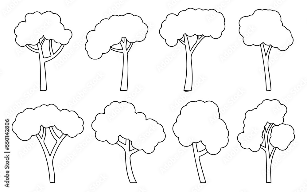 Tree black line set. Coloring book page forest foliage landscape floral ...