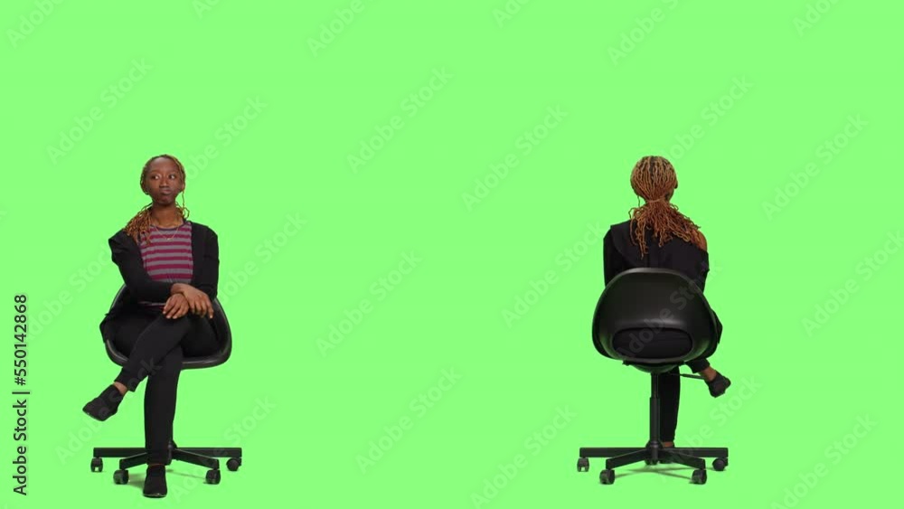 Female model sitting on chair in two sides of full body greenscreen ...