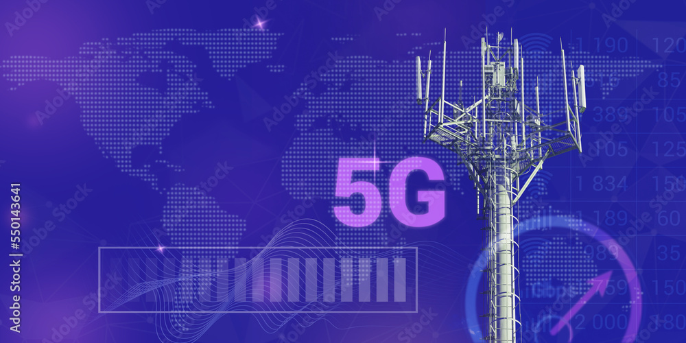 Telecommunications tower with 5G transmitters, cellular base station ...