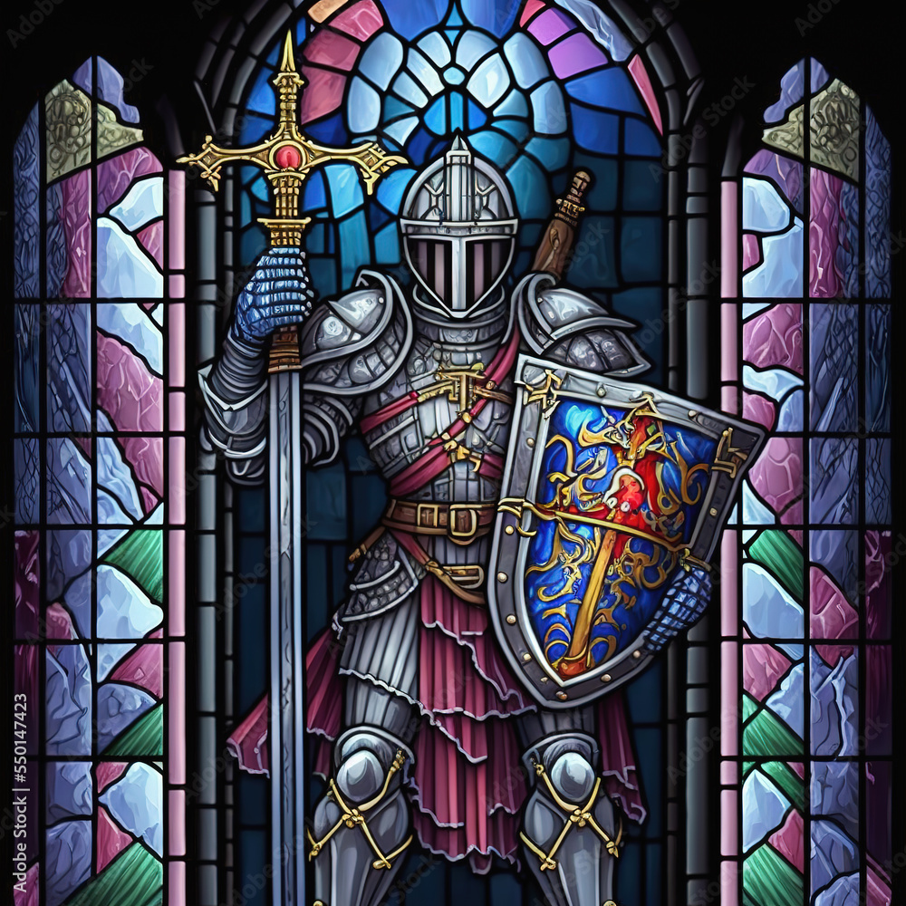 Arch stained glass window motive with medieval knight. Digitally ...