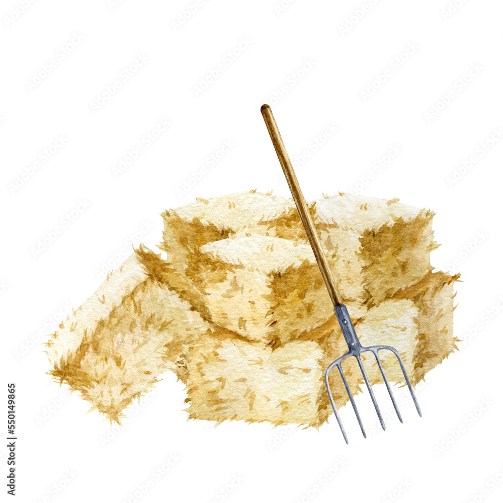 Hay brick pile with pitchfork. Watercolor illustration. Hand drawn dry ...