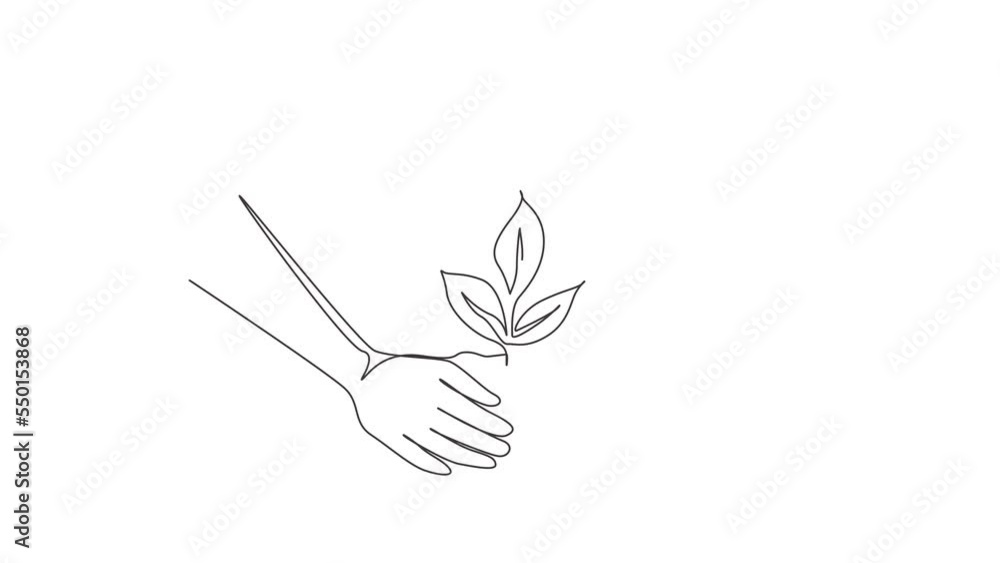 Self drawing animation of single line draw planting young tree by kid ...