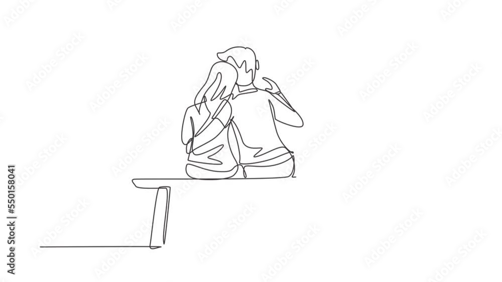 Self drawing animation of single line draw embracing couple sitting on ...