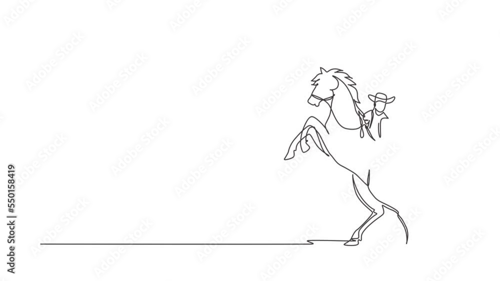 Self drawing animation of single line draw cowboy with lasso on rearing ...
