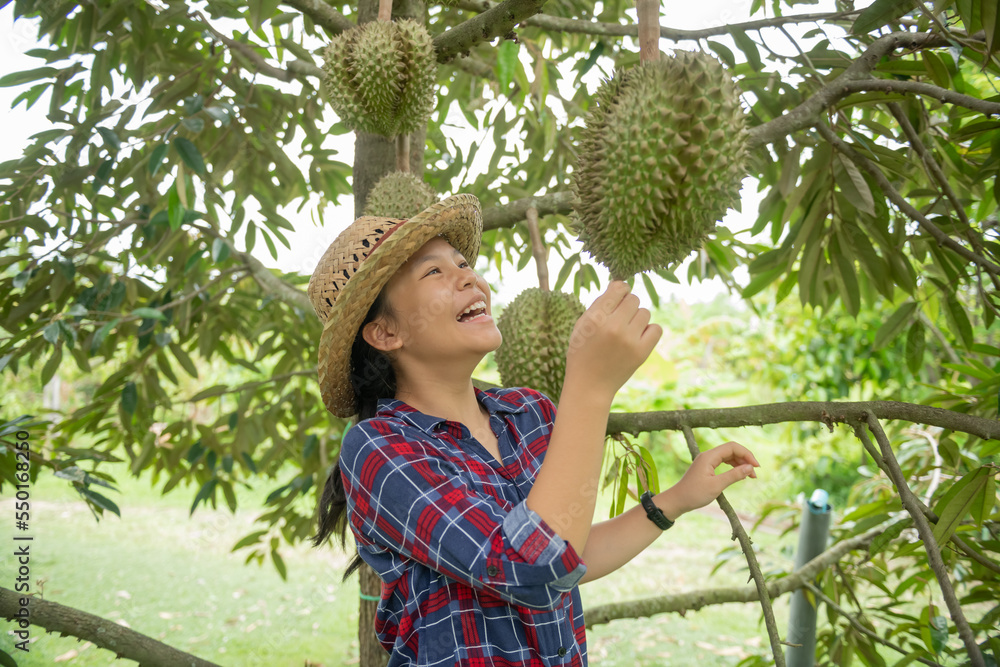 Foto de Happy teenager asian woman farmer holding durian in durian ...