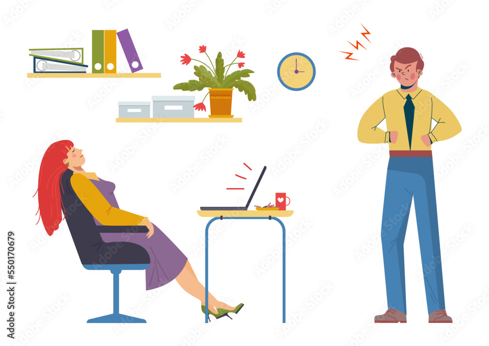 Incompetent worker woman sleep workplace, lazy employee rest work time ...
