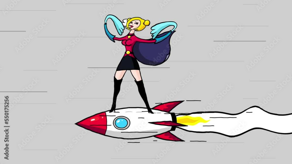 Cartoon businesswoman flying on the rocket transforms to the ...