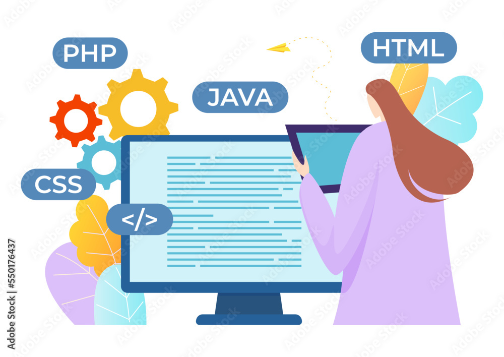 Professional programmer woman character, development software ...