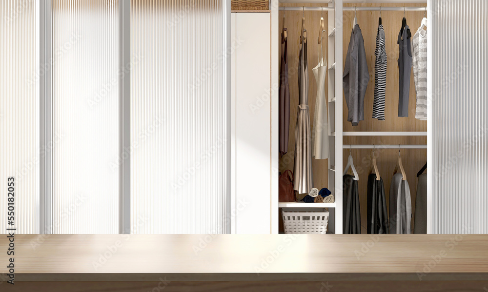 Wooden table top, countertop in modern, luxury design walk in wardrobe ...