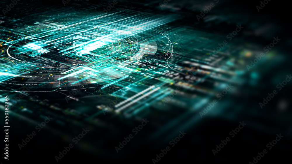 Futuristic abstract de-focus flowing data matrix, meta, metaverse, telemetry and encrypt numbers ...