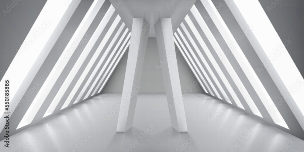 Futuristic white interior with rectangular columns and large windows ...