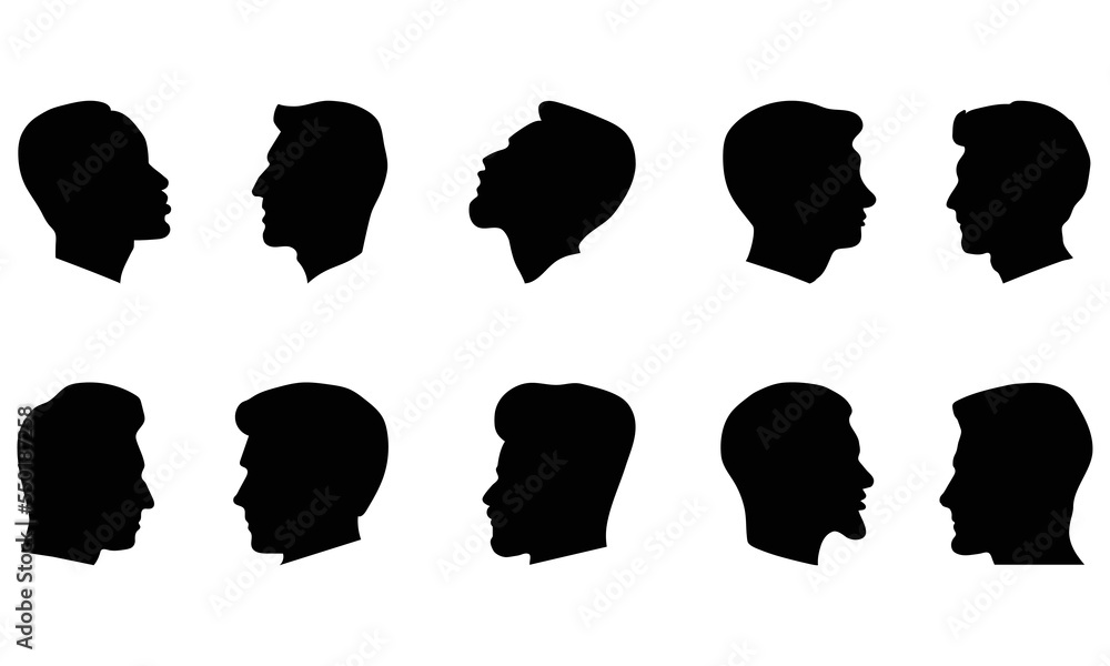 Silhouette man heads in profile. Black face outline avatars ...
