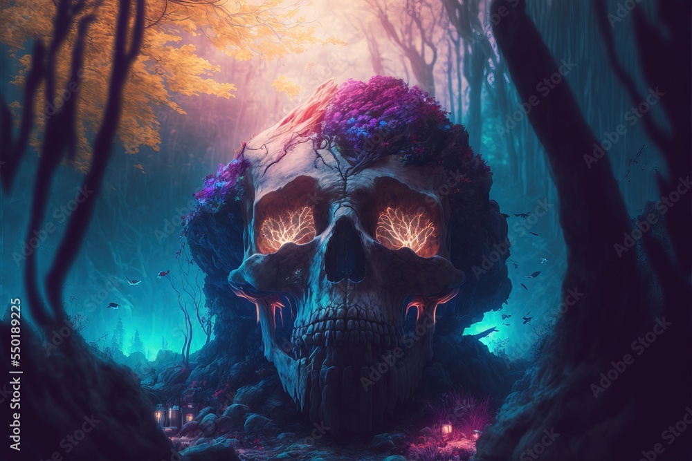 mysterious broken giant skull in fantasy forest. concept art, digital ...