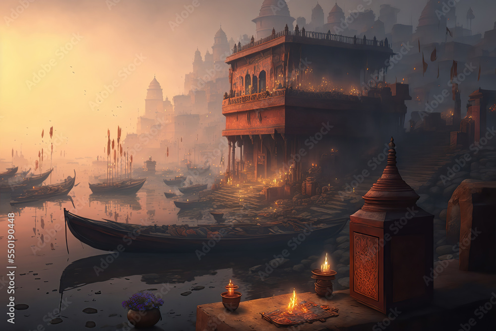 AI generated image of Varanasi or Banaras town at night, viewed from ...