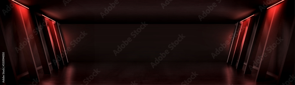 Dark hall interior with neon red illumination and rectangular columns ...