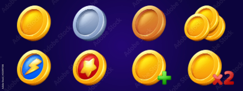 Gold coins icons, tokens for game ui interface. Symbols of trophy ...