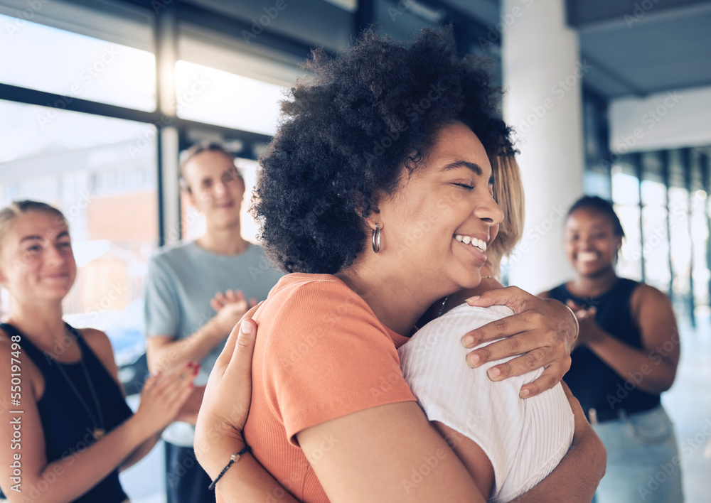 Women, hug and support of friends with group applause for counseling ...
