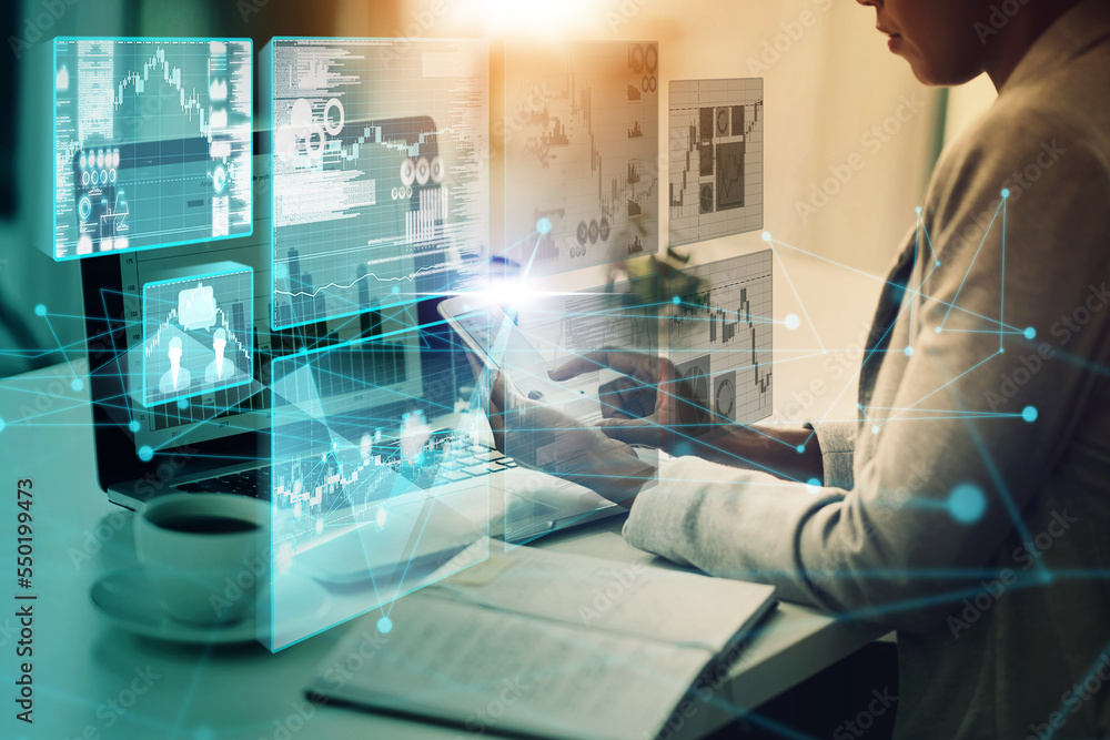 Business woman, phone and laptop with hologram, ai and networking or ...