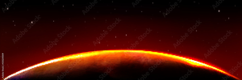 Mars alien planet edge in sunrise light on black sky with shining stars ...