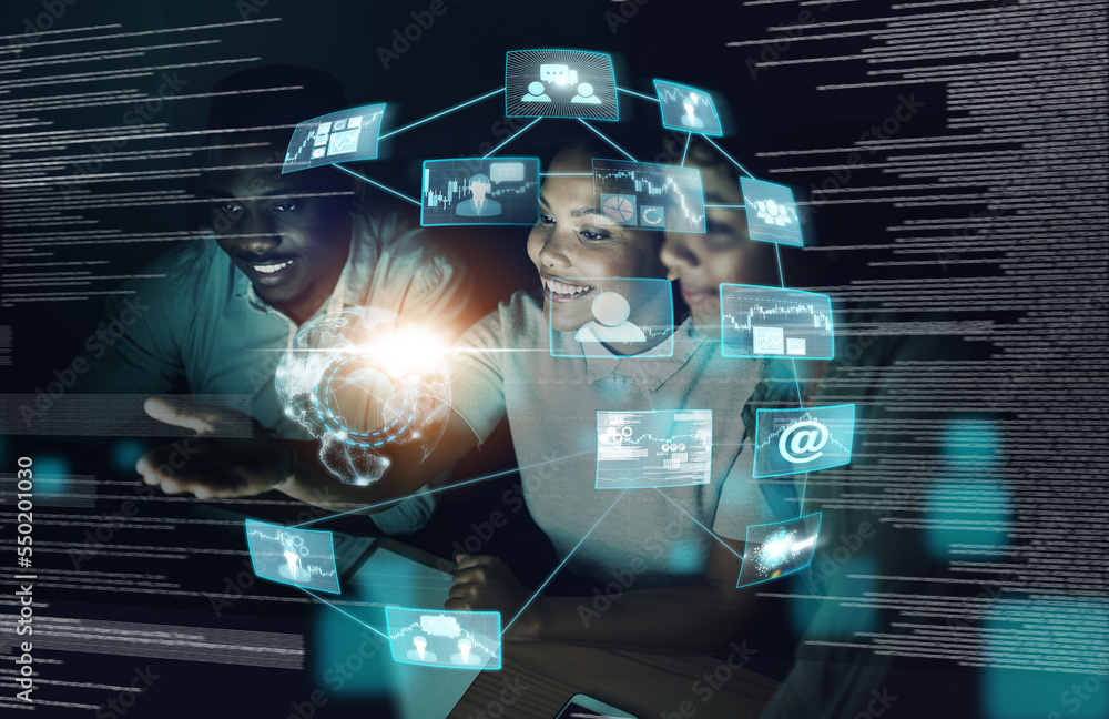 Business people, IoT and virtual hologram in team collaboration with ...