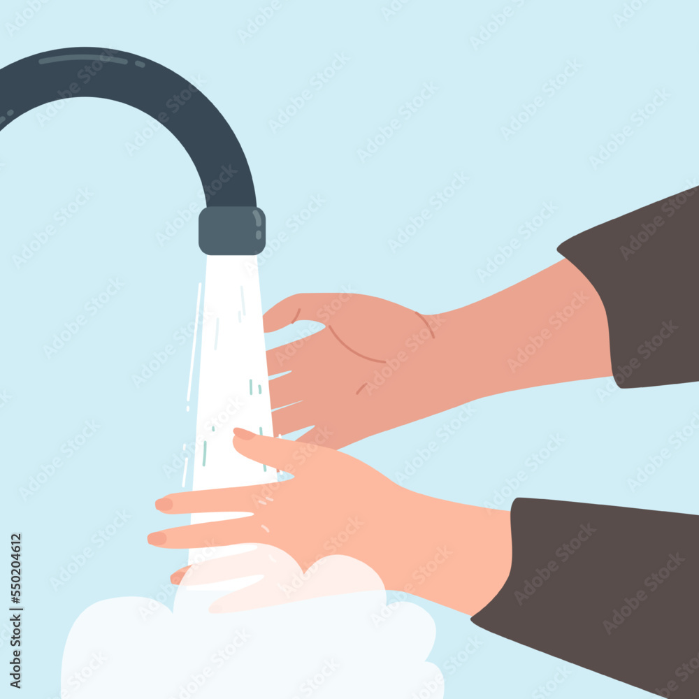 Female hands under stream of water coming from faucet. Person washing ...