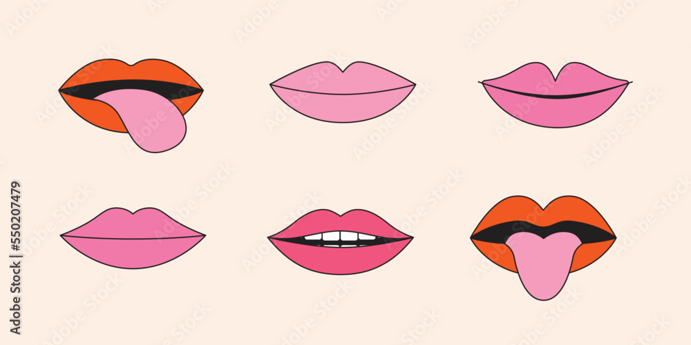 Vector simple line icons and illustrations, lips stickers and badges ...
