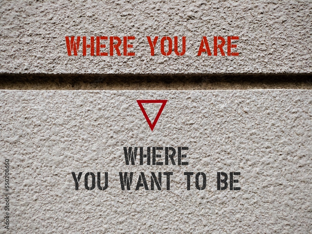 Two parts of wall with text inscription WHERE YOU ARE - direction sign ...