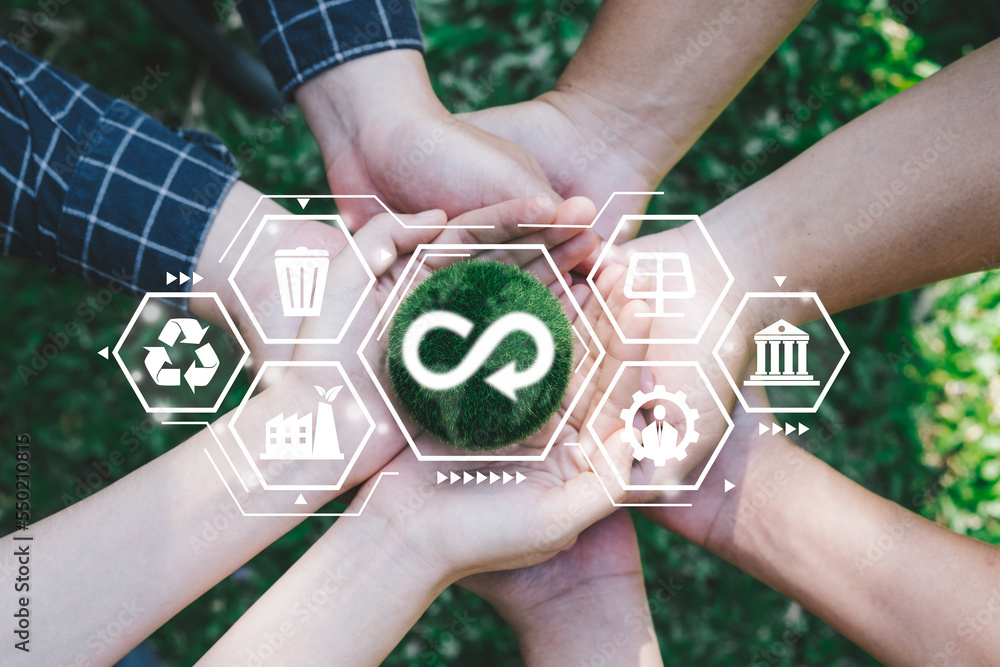 Environment day with global community teamwork. globe with a circular ...