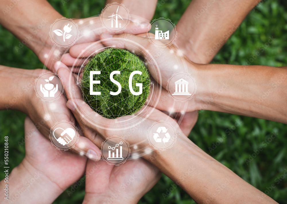 CSR and ESG environmental energy saving collaboration of young children hands stack together on ...