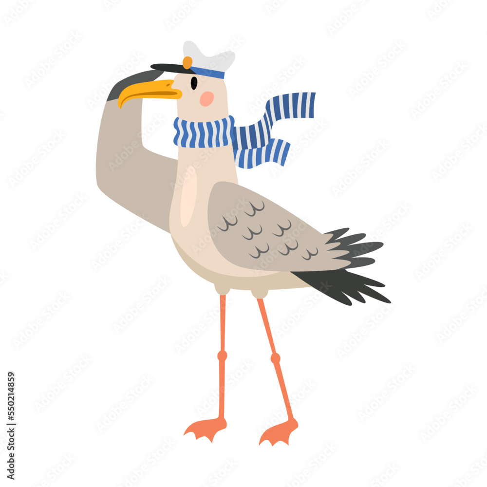 Seagull captain looking into distance cartoon illustration. Funny bird ...