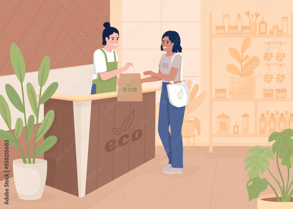 Customer and assistant at eco store flat color vector illustration ...