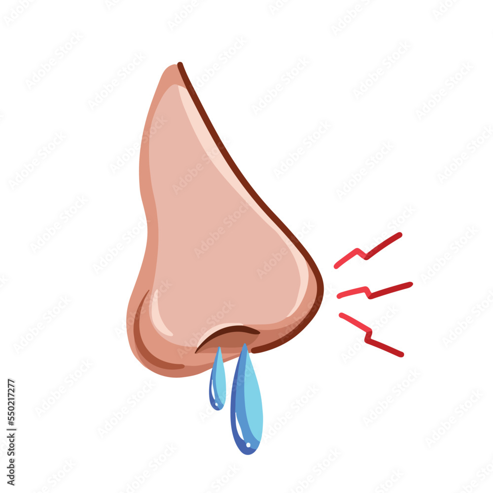 Runny nose from side view isolated on white background. Flu or allergy ...