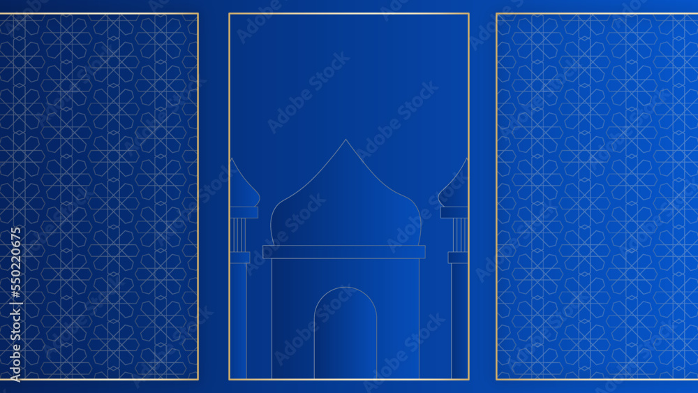 Ramadan Kareem greeting card. Cyan Golden lantern on the shelf with ...