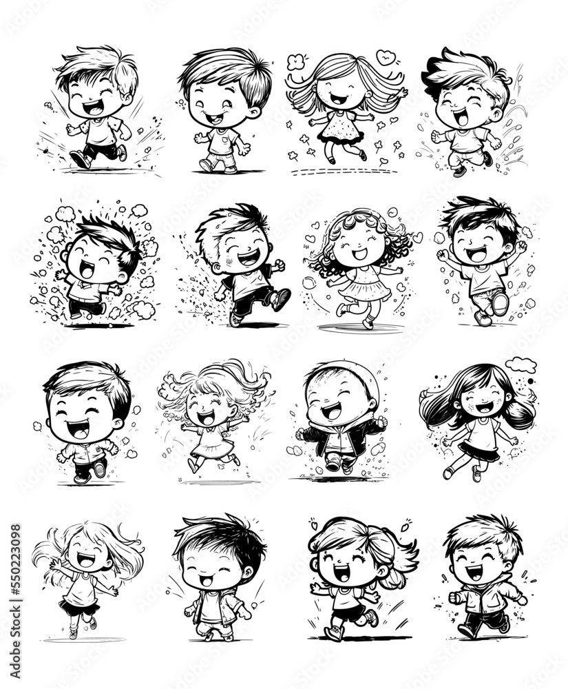 Happy kids, set of cute black and white vector cartoon, smiling faces ...