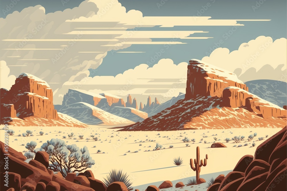 Desert valley landscape covered in snow, towering sandstone rock ...