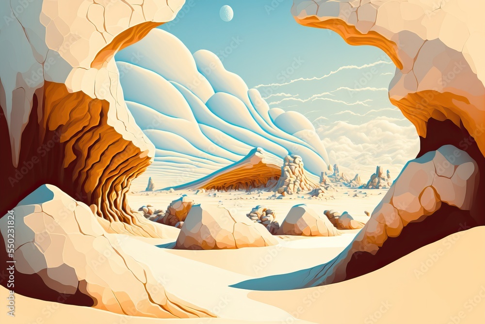 Desert valley landscape covered in snow, towering sandstone rock ...