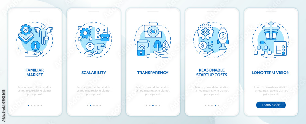 Startup Traits Blue Onboarding Mobile App Screen Attract Investors Walkthrough 5 Steps Editable
